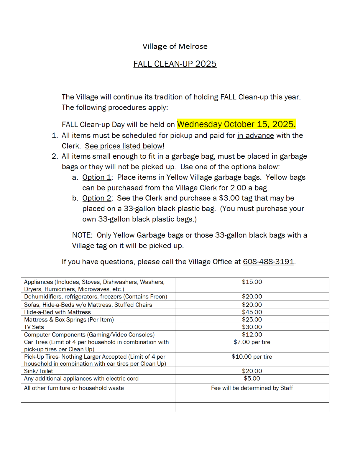 2025 Fall Clean-Up Days - Village of Melrose, Wisconsin - Official Website
