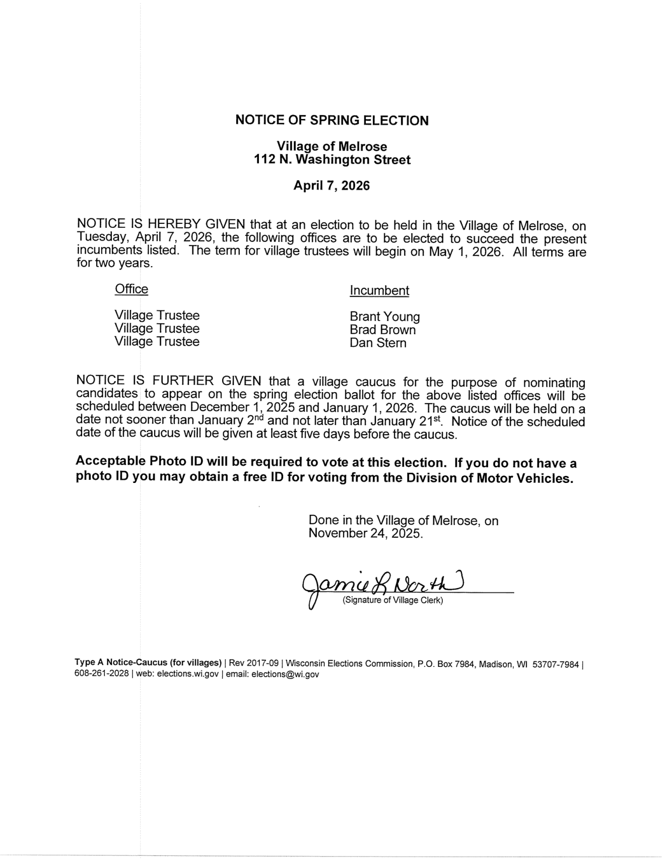 Notice of Election (Spring 2026) - Village of Melrose, Wisconsin ...
